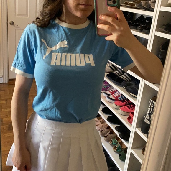 Puma | Tops | Vintage Puma Light Blue White Big Logo Tshirt Tee | Poshmark